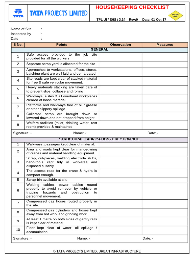 Housekeeping Check List | PDF
