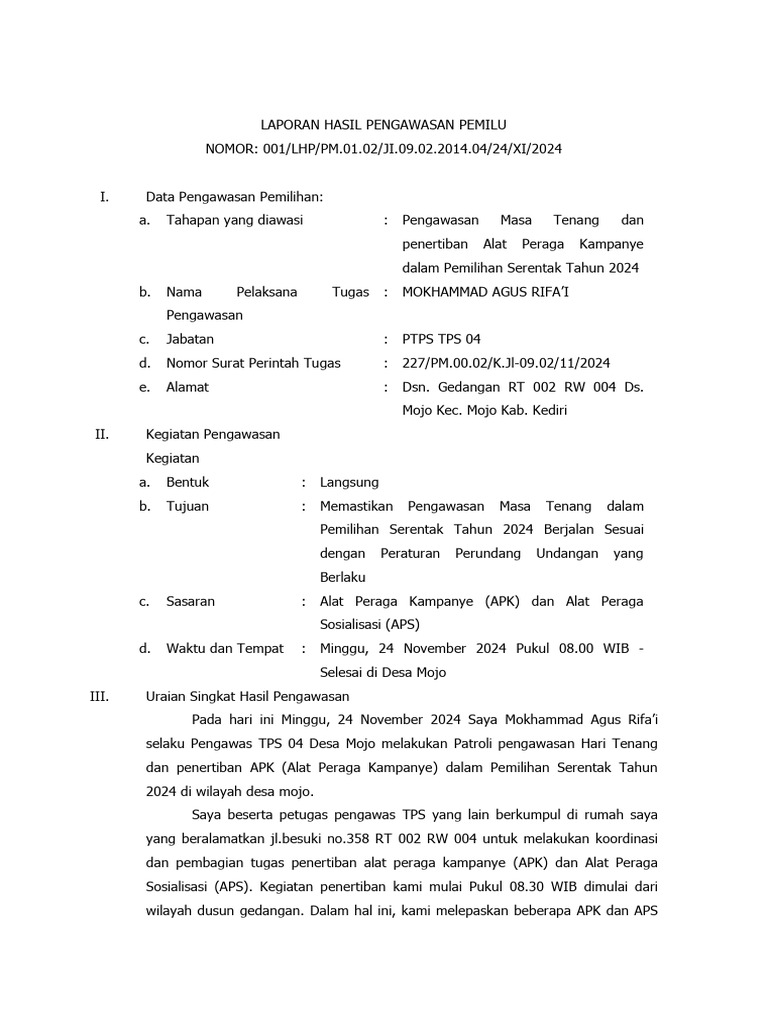 Contoh laporan Form A pengawasan pilkada 2024 | PDF Contoh laporan Form A pengawasan pilkada 2024 | PDF