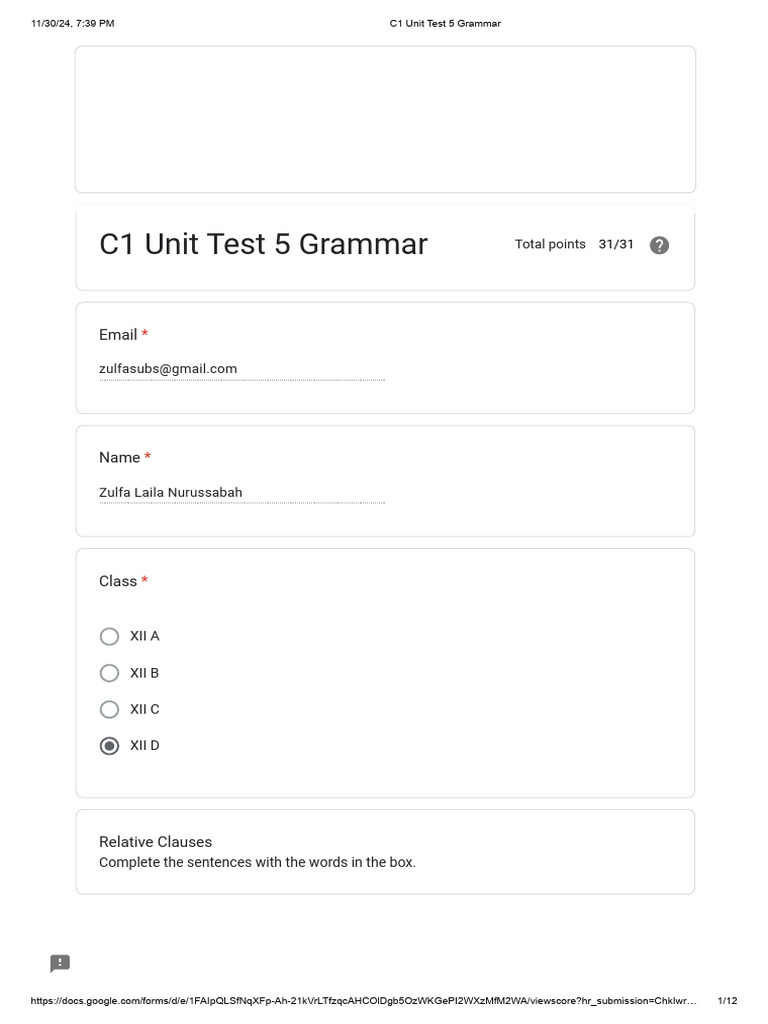 C1 Grammar Unit Test on Relative Clauses | PDF | Crimes | Crime & Violence