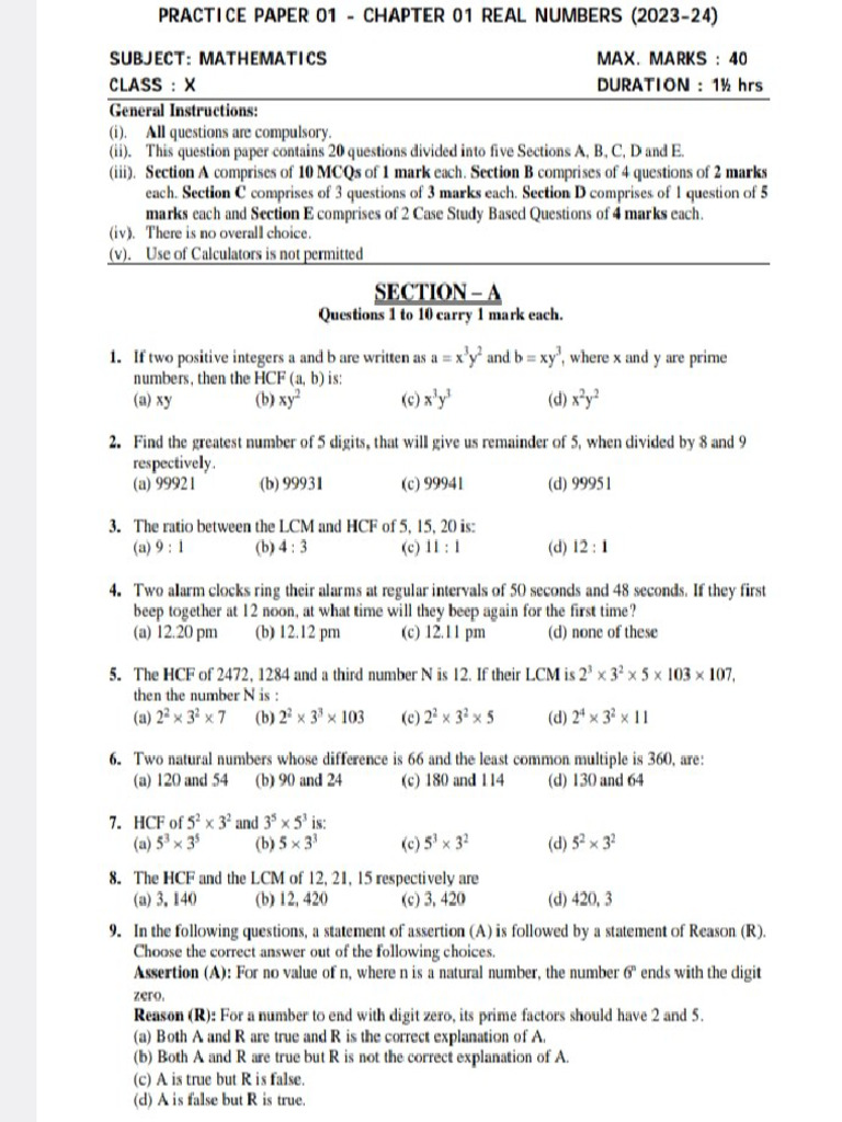 Practice Paper of Ch.1 Maths | PDF