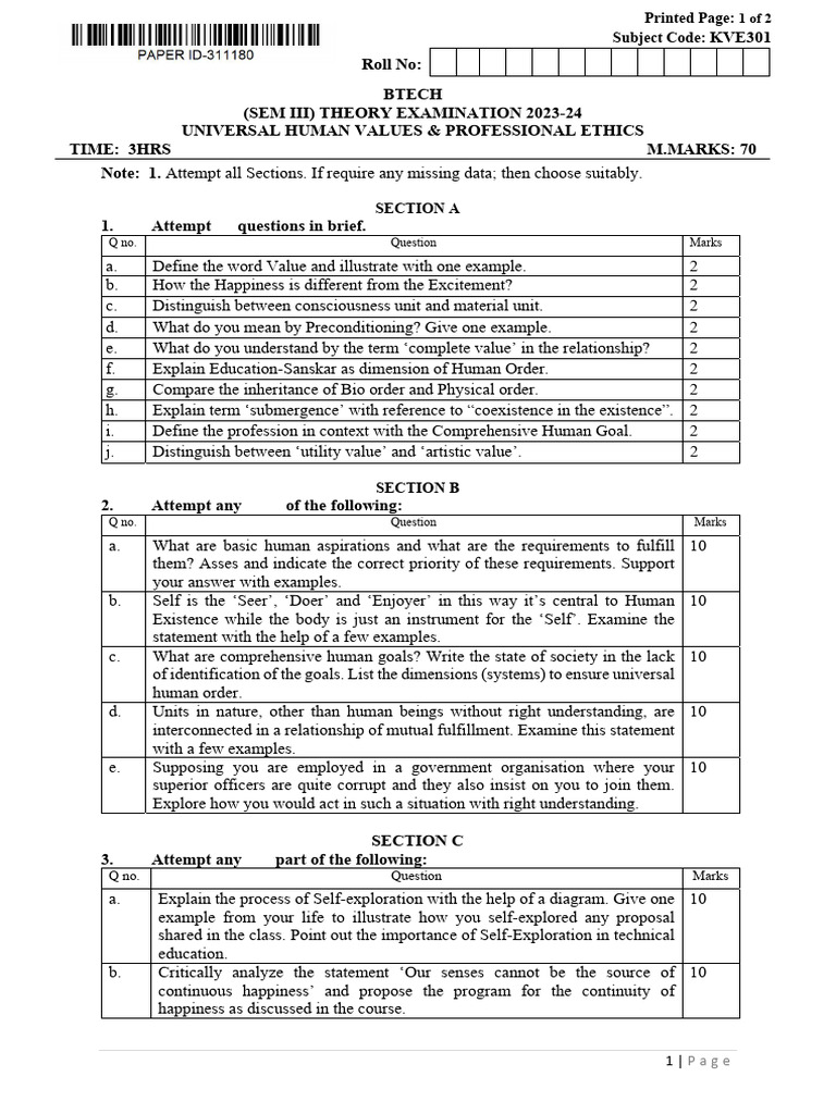 Btech 3 Sem Universal Human Values Professional Ethics Kve301 Mar 2024 ... Btech 3 Sem Universal Human Values Professional Ethics Kve301 Mar 2024 ...