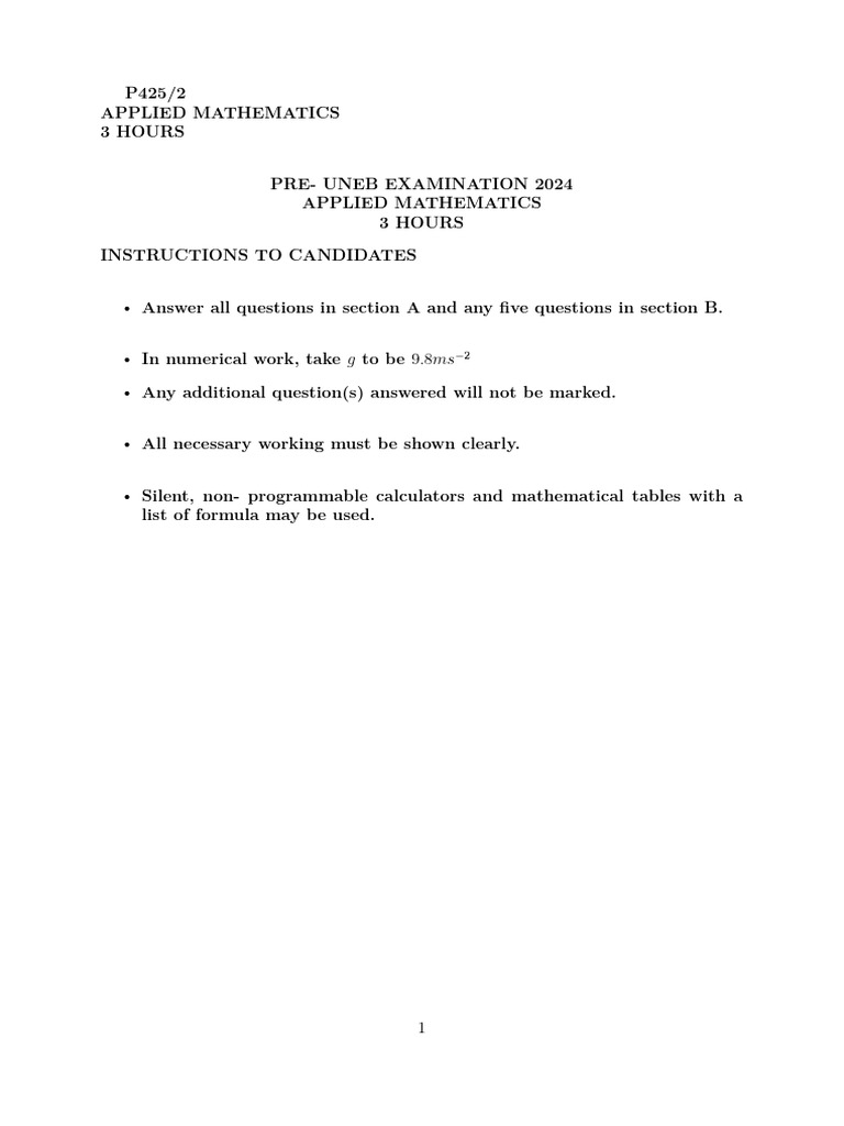 s6 Pre Uneb Applied Maths 2024 (2) | PDF | Variance | Physics