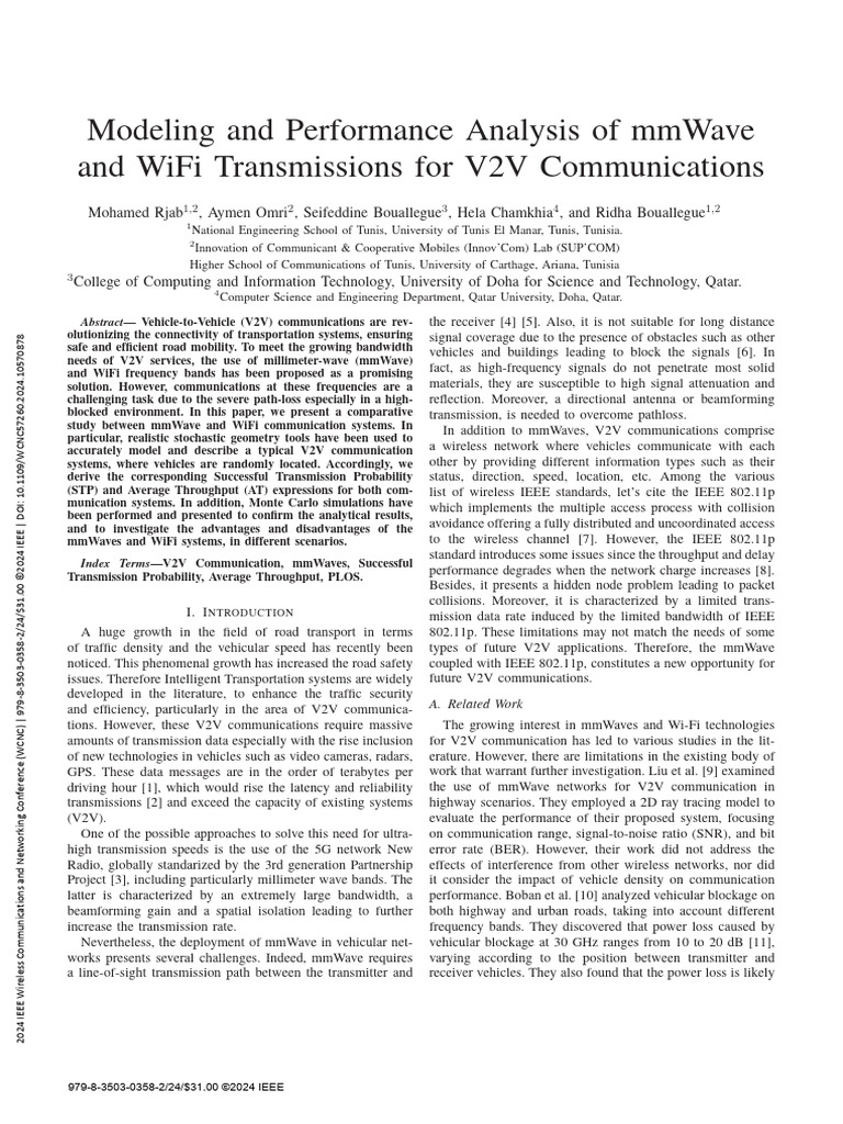 Modeling and Performance Analysis of Mmwave and WiFi Transmissions For V2V Communications | PDF ...