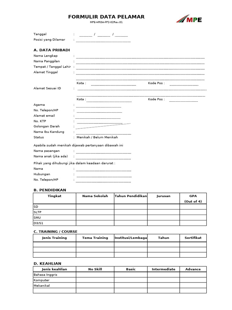 Formulir Data Pelamar (1) | PDF
