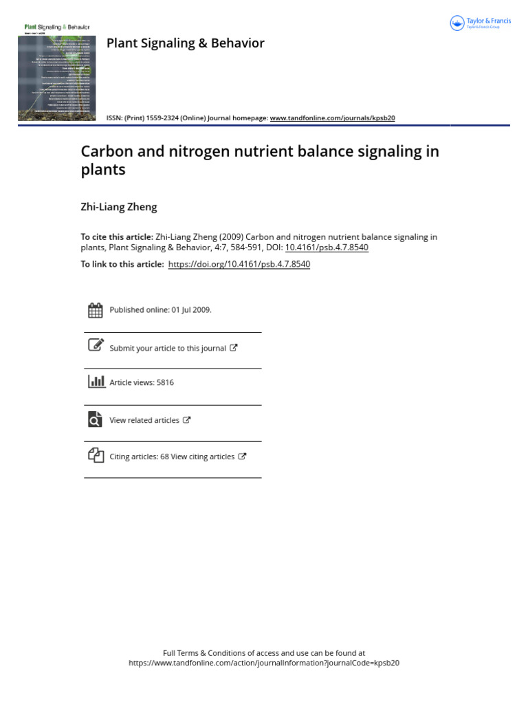 Carbon and Nitrogen Nutrient Balance Signaling in Plants | PDF ...