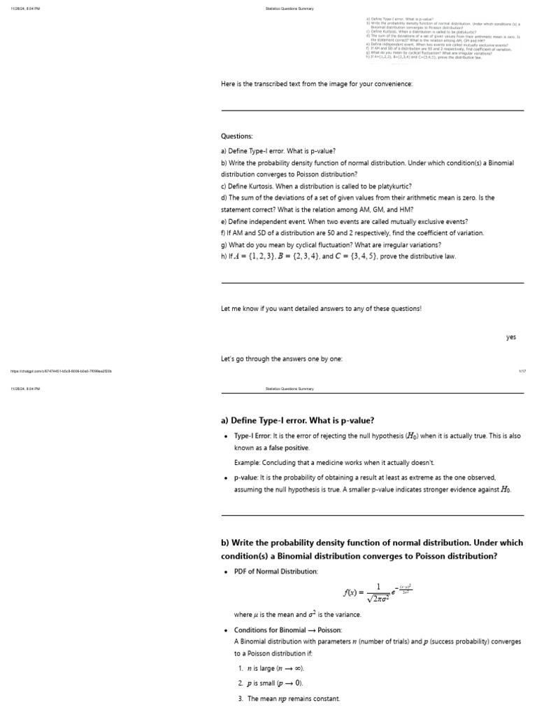 Statistics Questions Summary | PDF | P Value | Statistical Theory