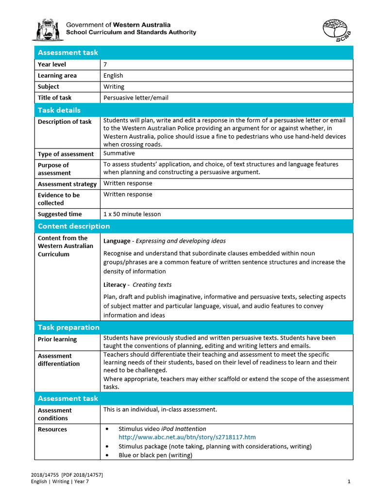 English Writing Year 7 Sample Assessment Task Persuasive Letteremail ...