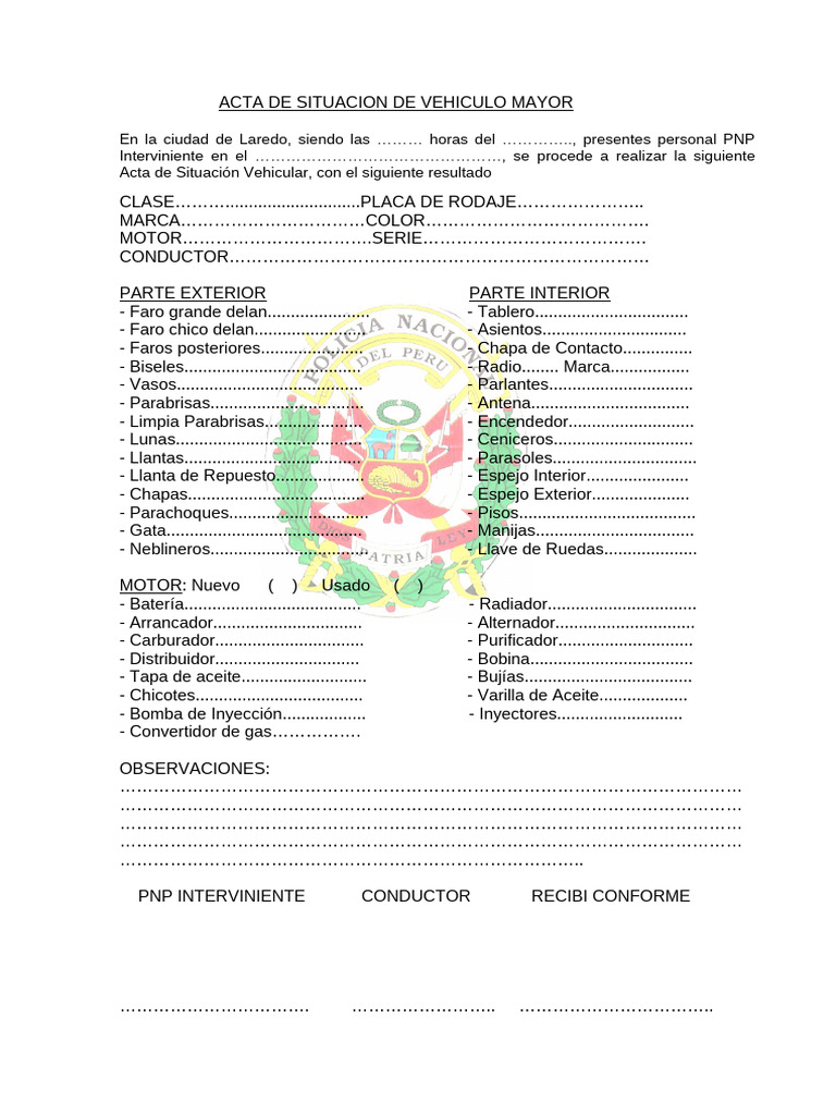 Acta de Sit. de Veh. Mayor y Menor | PDF | Vehículos terrestres | Tecnología de vehículos