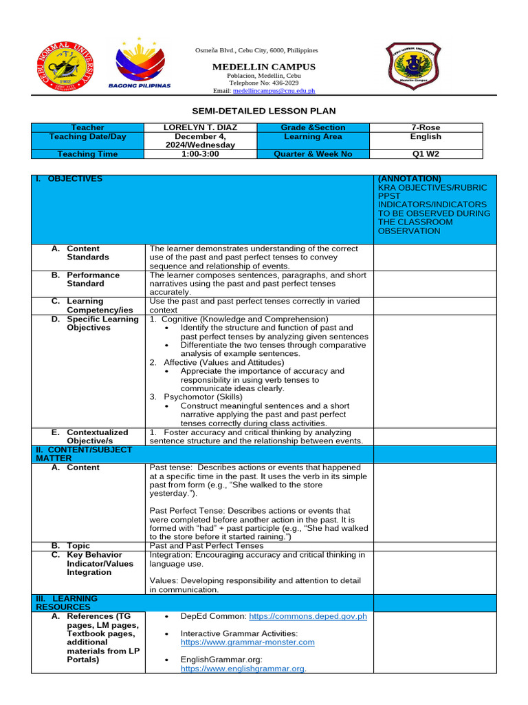 Lesson Plan (AutoRecovered) (AutoRecovered) | PDF | Grammatical Tense | Perfect (Grammar)