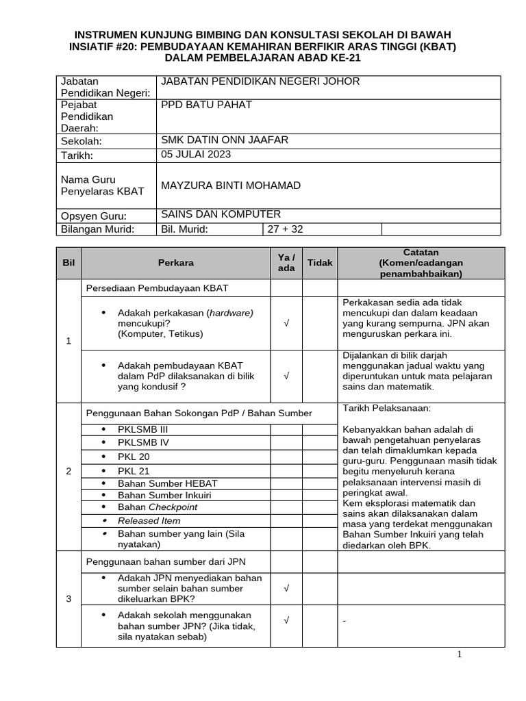 Instrumen Kunjung Bimbing Program Intervensi (SMK DATIN ONN JAAFAR) | PDF