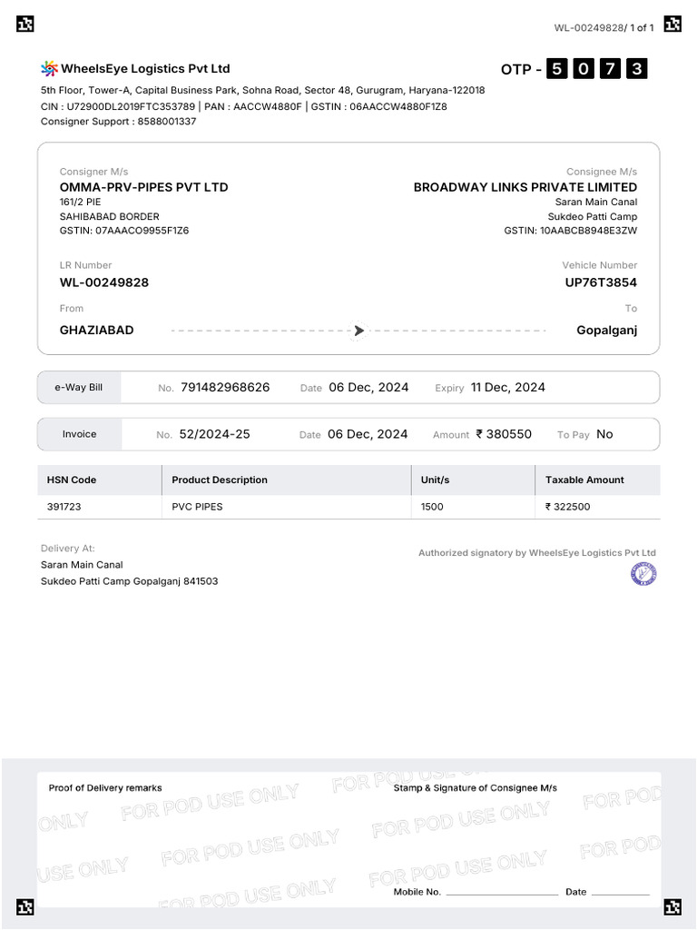 Wheelseye Logistics PVT LTD: 791482968626 06 Dec, 2024 11 Dec, 2024 | PDF