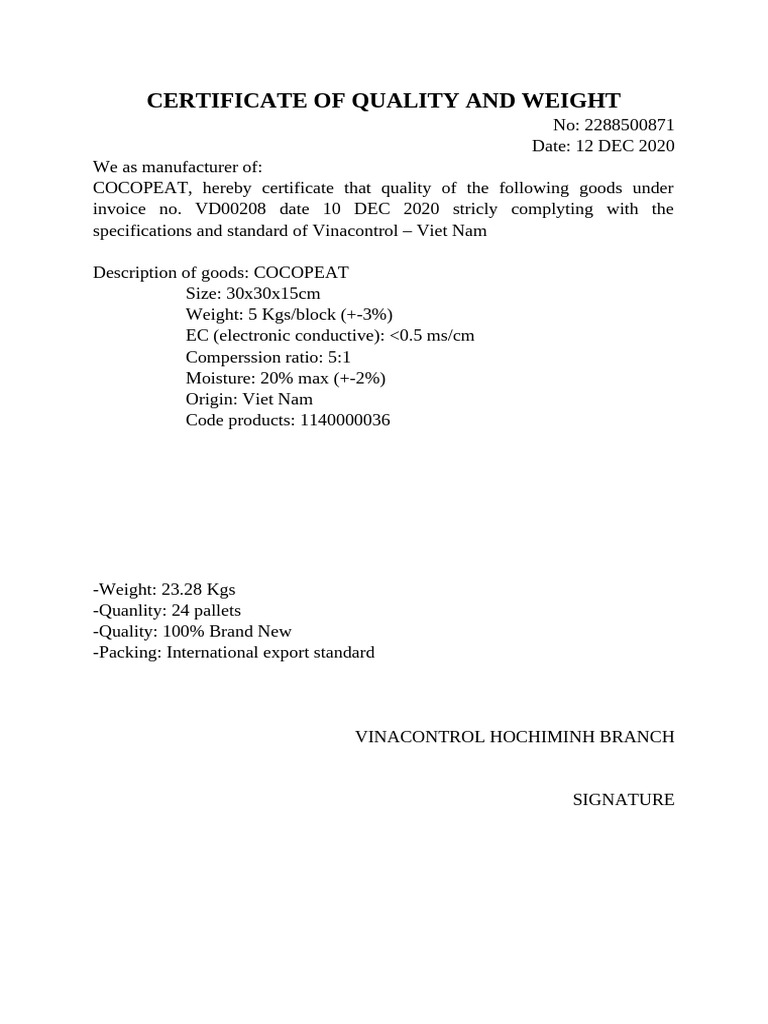 Cocapeat Quality Certificate | PDF