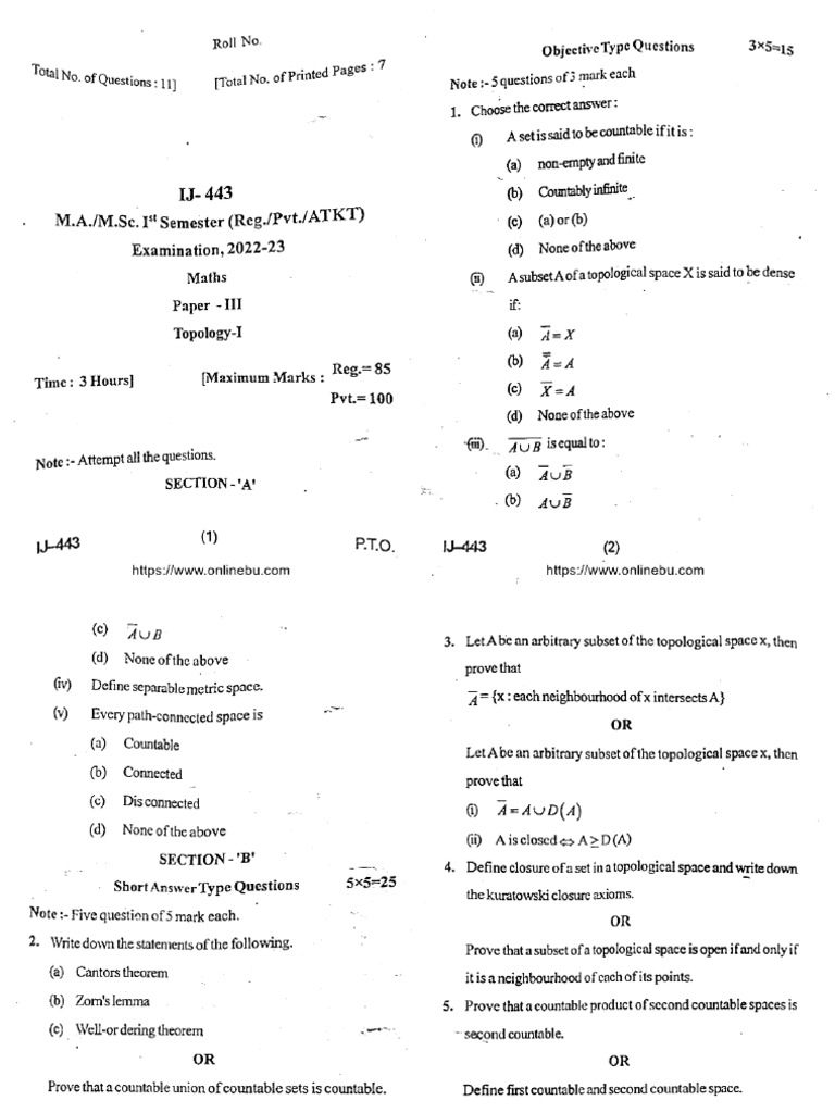 4 Ma MSC 1 Sem Maths Topology 1 Ij 443 2023 | PDF