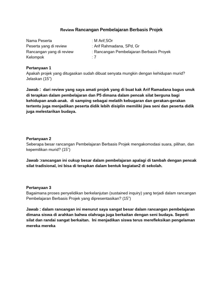 Review Rancangan Pembelajaran Berbasis Projek M. Arif | PDF