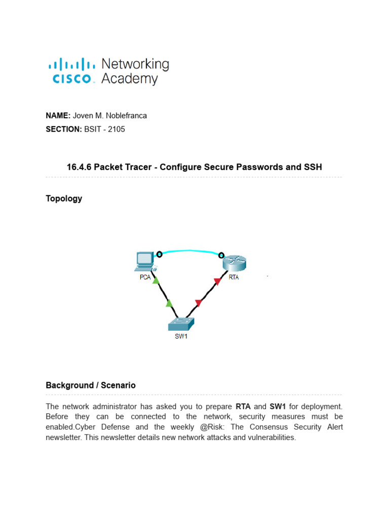 16.4.6 Packet Tracer - Configure Secure Passwords and SSH | PDF