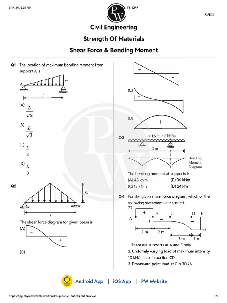 Shear Force and Bending Moment Diagram: DPP 01 | PDF