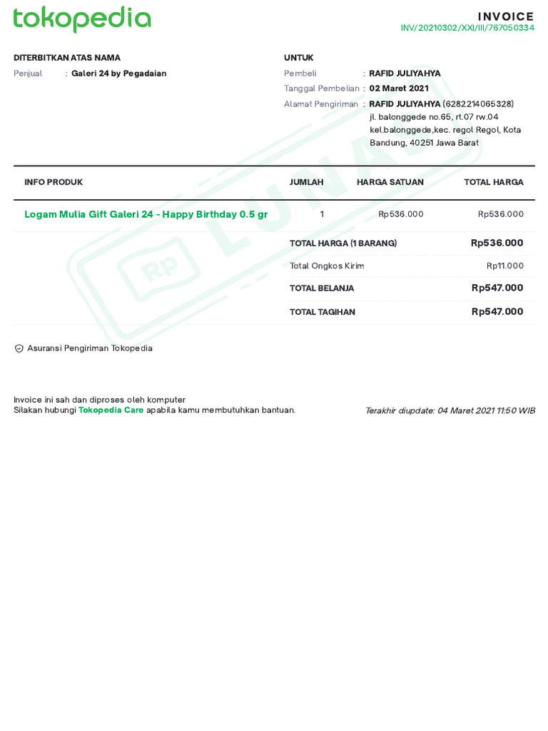 Invoice Pembelian Emas 0.5 gr | PDF