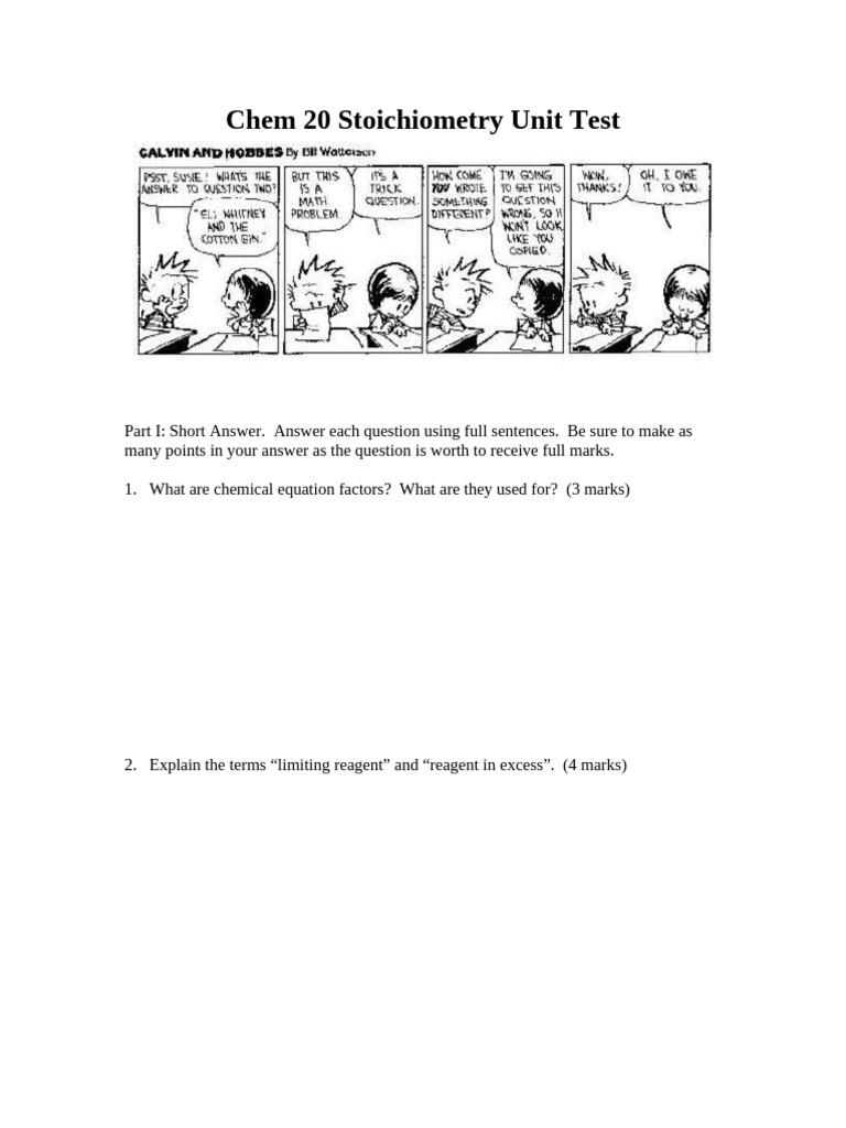 Chem 20 Stoichiometry Unit Test | PDF