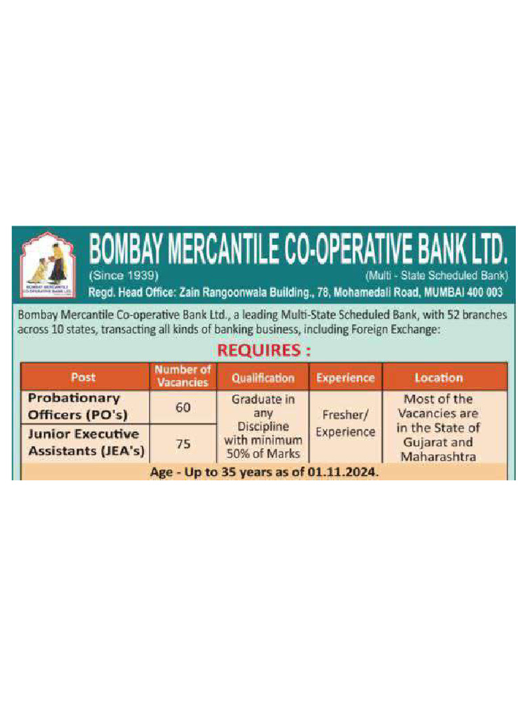 BMC Bank PO and Jr. Executive Assistant Recruitment 2024 Notification | PDF