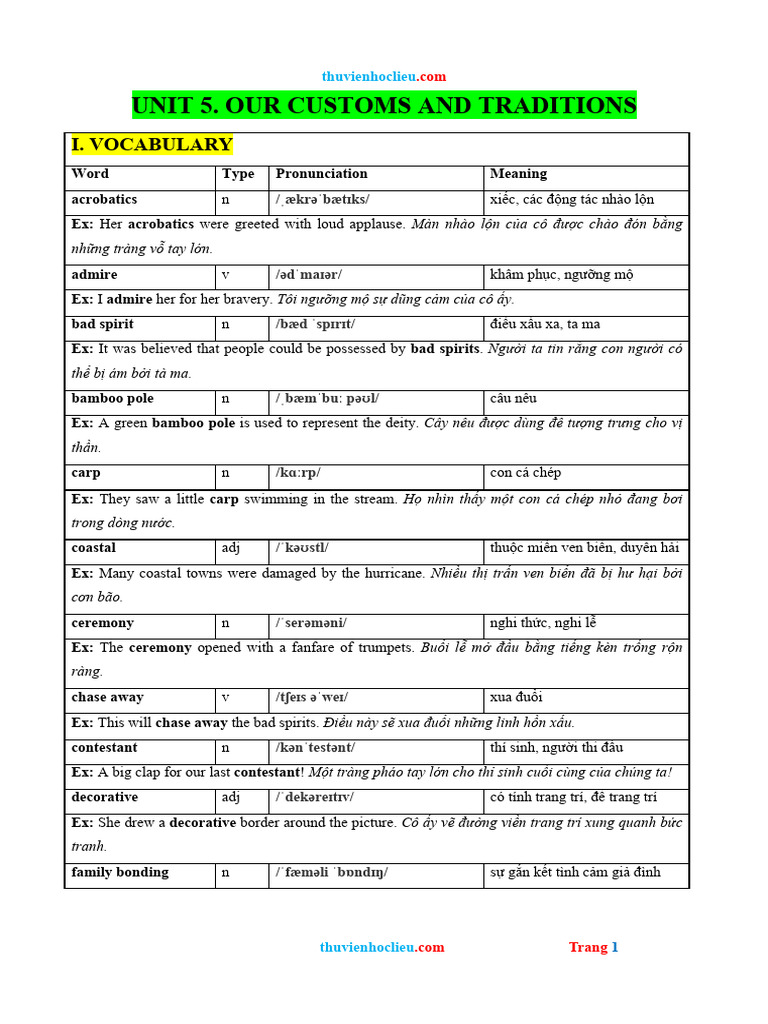 Unit 5. Our Customs and Traditions: I. Vocabulary | PDF