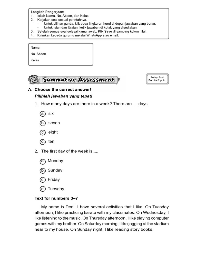 SD Bahasa Inggris 3 Summative Assessment Unit 2 | PDF