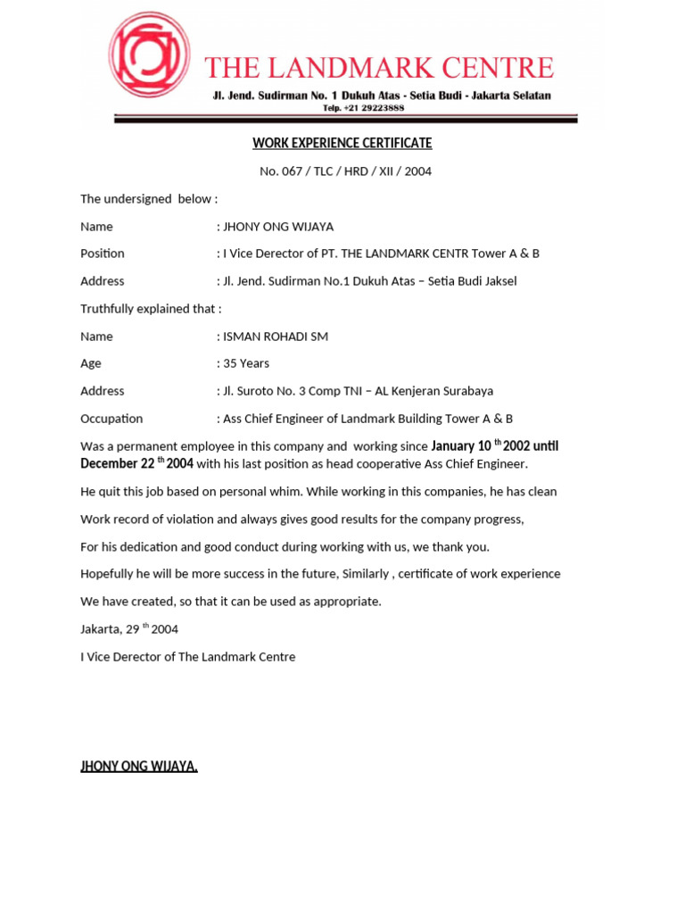 WORK EXPERIENCE CERTIFICATE LANDMARK BUILDING O7 NOV 22 | PDF