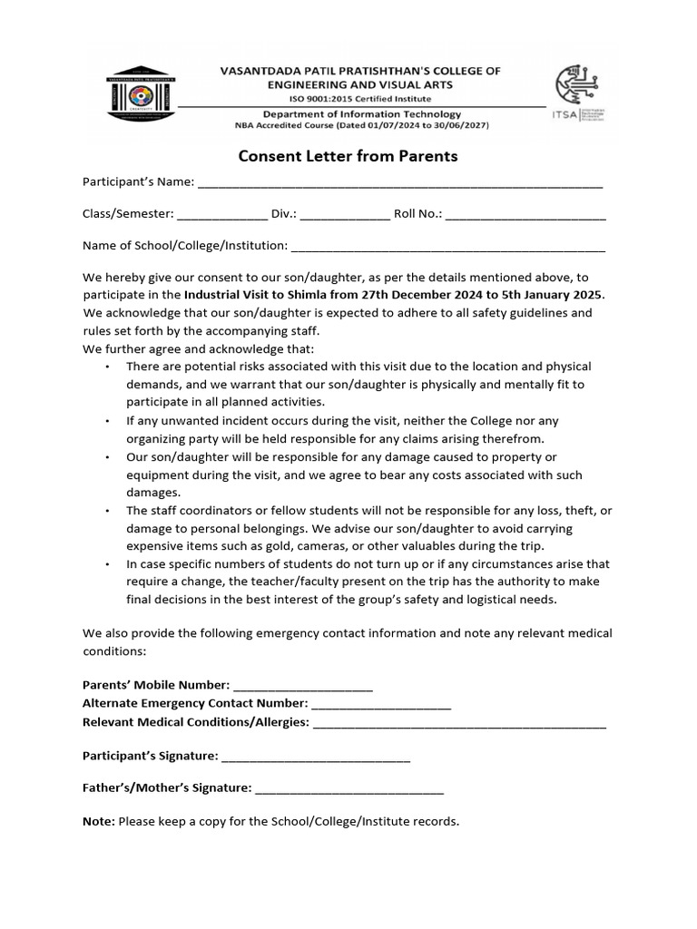 Consent Letter From Parents(2) | PDF