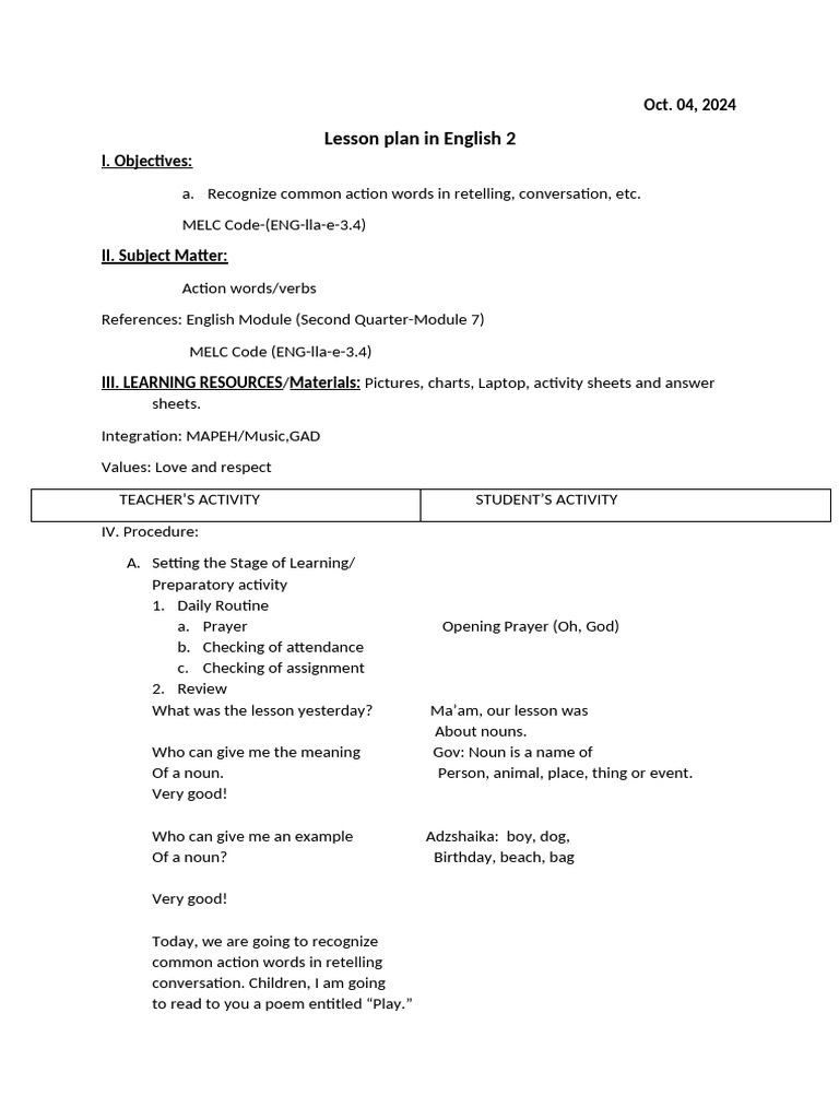 English 2 Lesson Plan: Action Words | PDF | English Language
