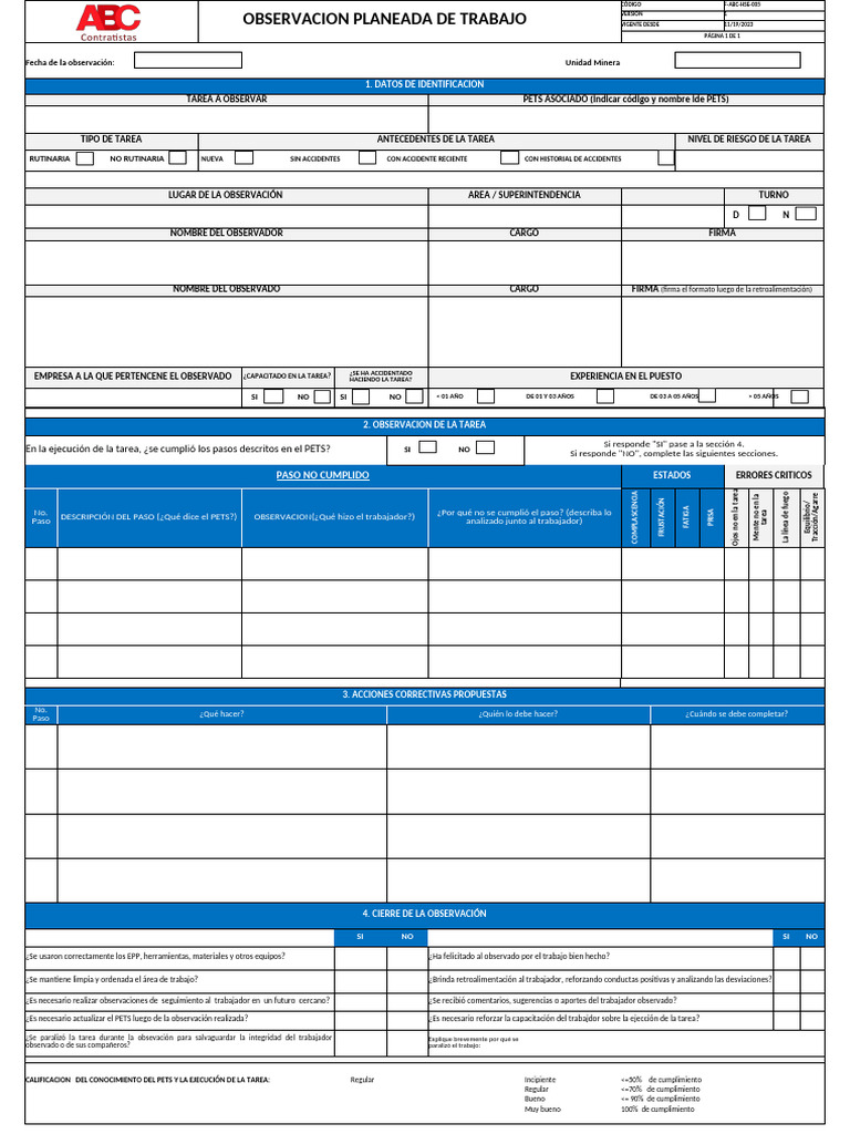 F-HSE-ABC-005 OPT -Observación Planeada de Trabajo | PDF