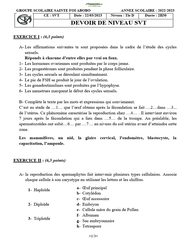 Devoir SVT TD | PDF