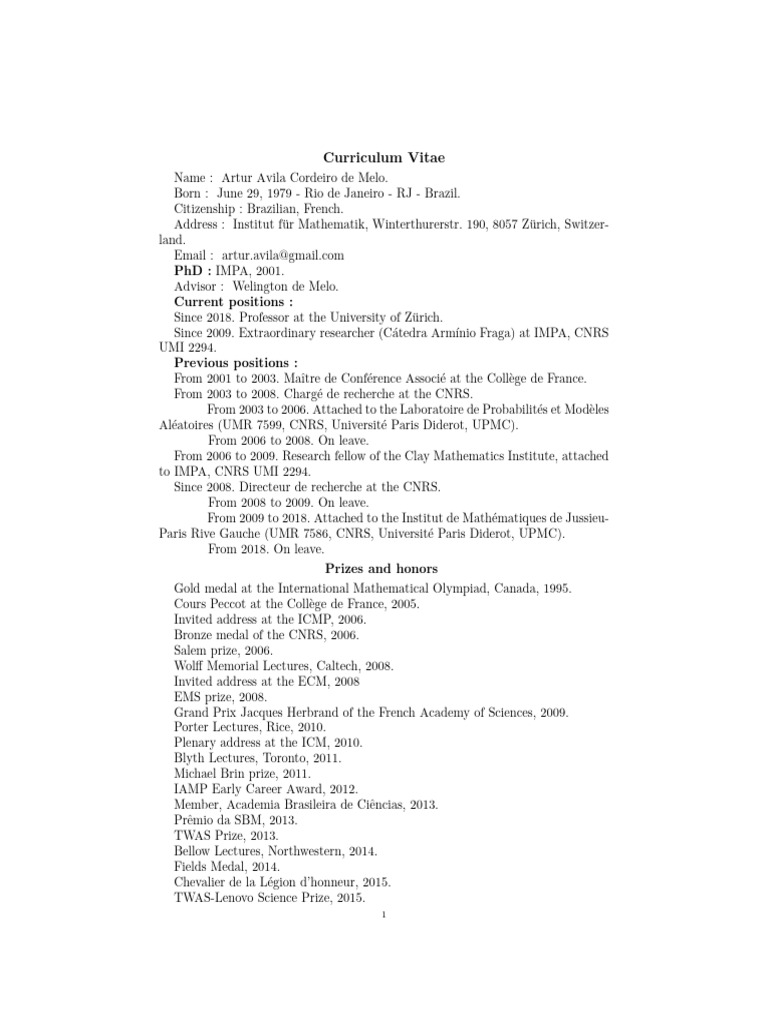 CV Arthur Ávila | PDF | Dynamical System | Mathematics