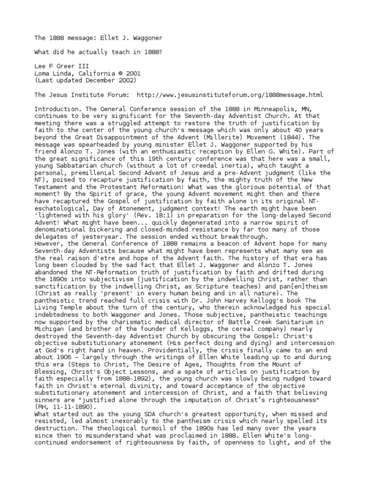 The 1888 Message: Ellet J. Waggoner | PDF | Justification (Theology ...