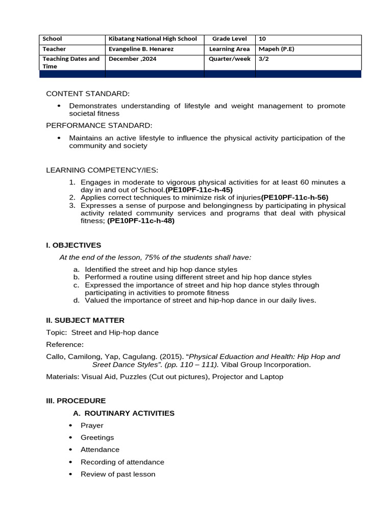 Lesson Plan Final Hip Hop and Street Dance Styles | PDF | Dances | Body ...