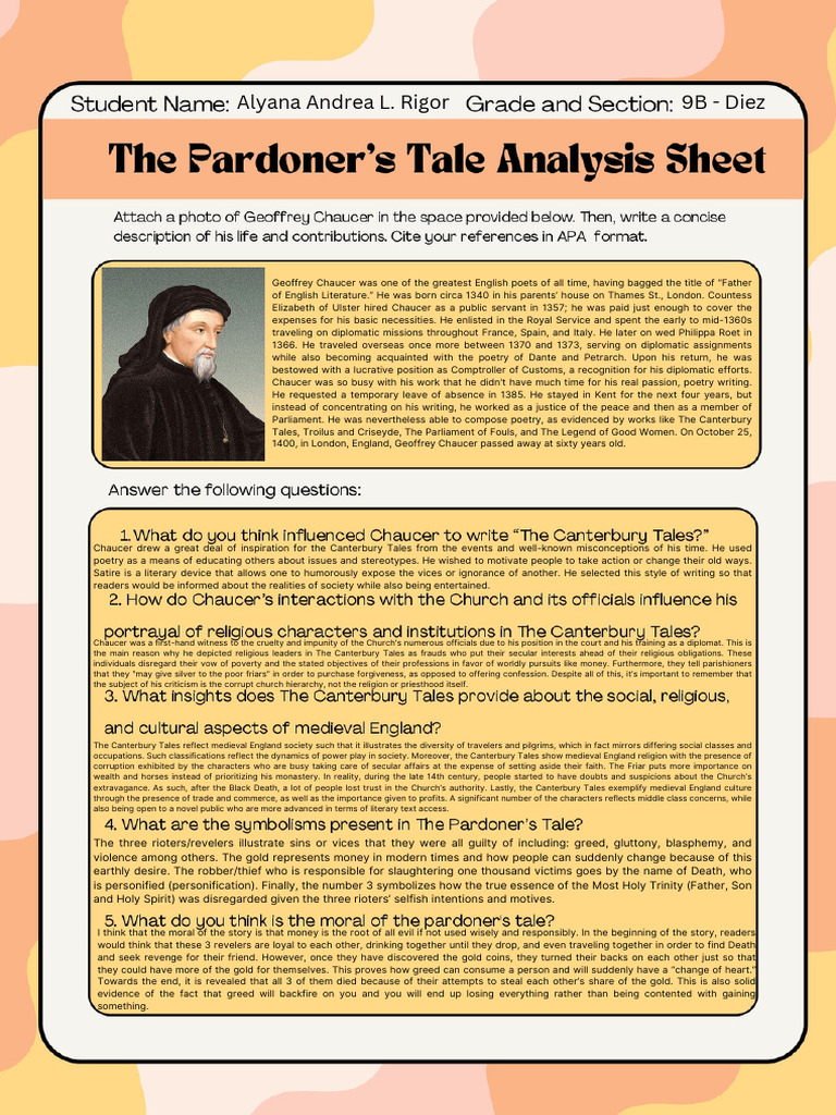 The Pardoner's Tale Worksheet_Alyana Andrea L. Rigor | PDF | The Canterbury Tales | Geoffrey Chaucer