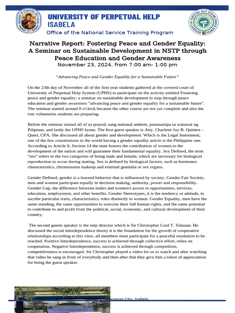 Gender Equality in NSTP Seminar Report | PDF | Gender | Gender Studies
