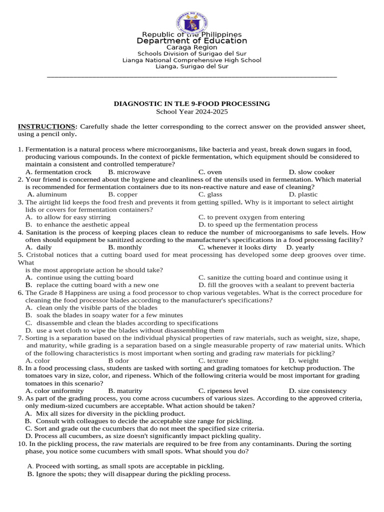 Diagnostic Test in TLE 9 | PDF | Pickling | Vegetables