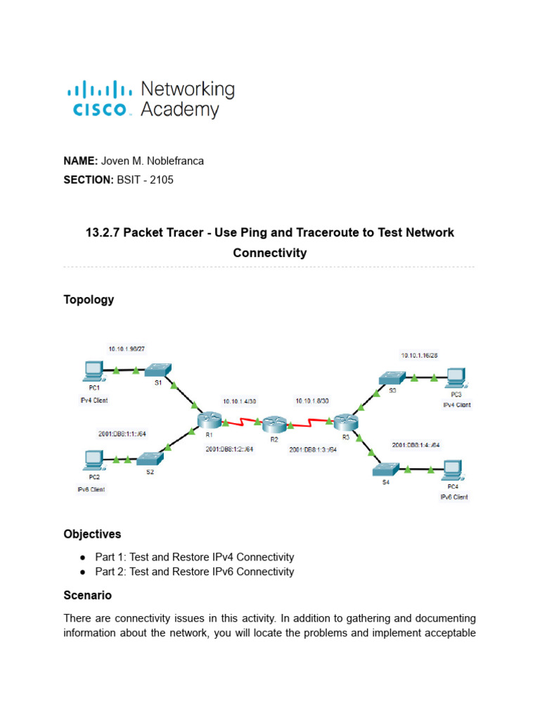 13 2 7 Packet Tracer Use Ping And Traceroute To Test Network
