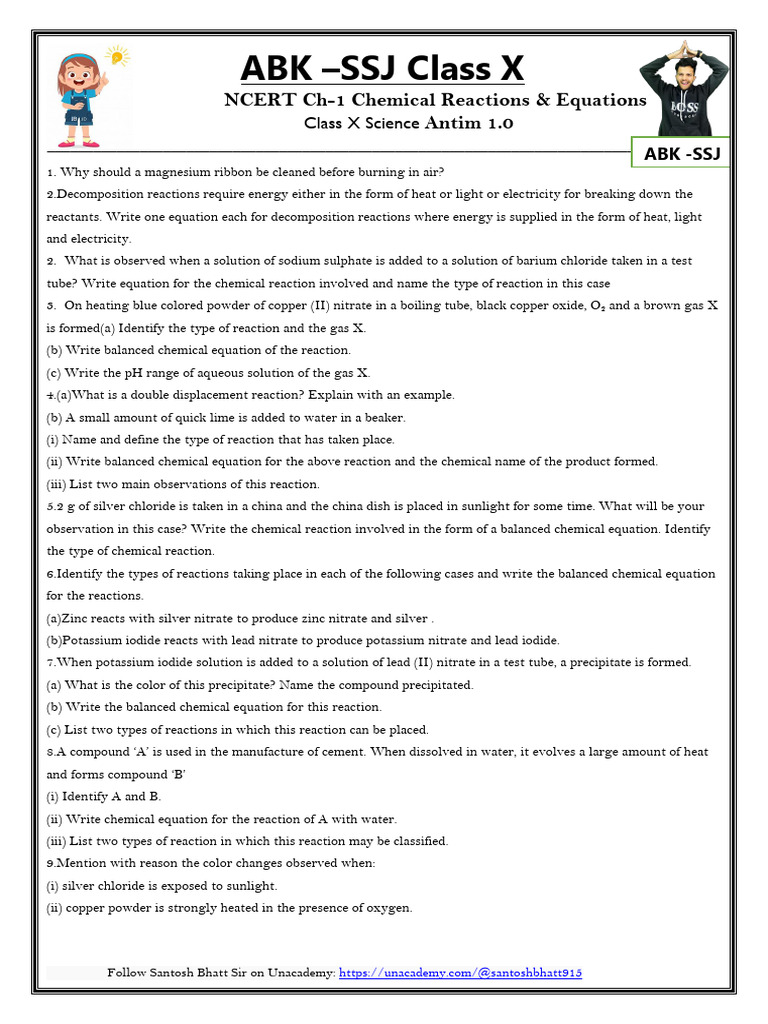 Antim 1 0 CH 1 Chemical Reactions & Equations Class 10 HW | PDF ...