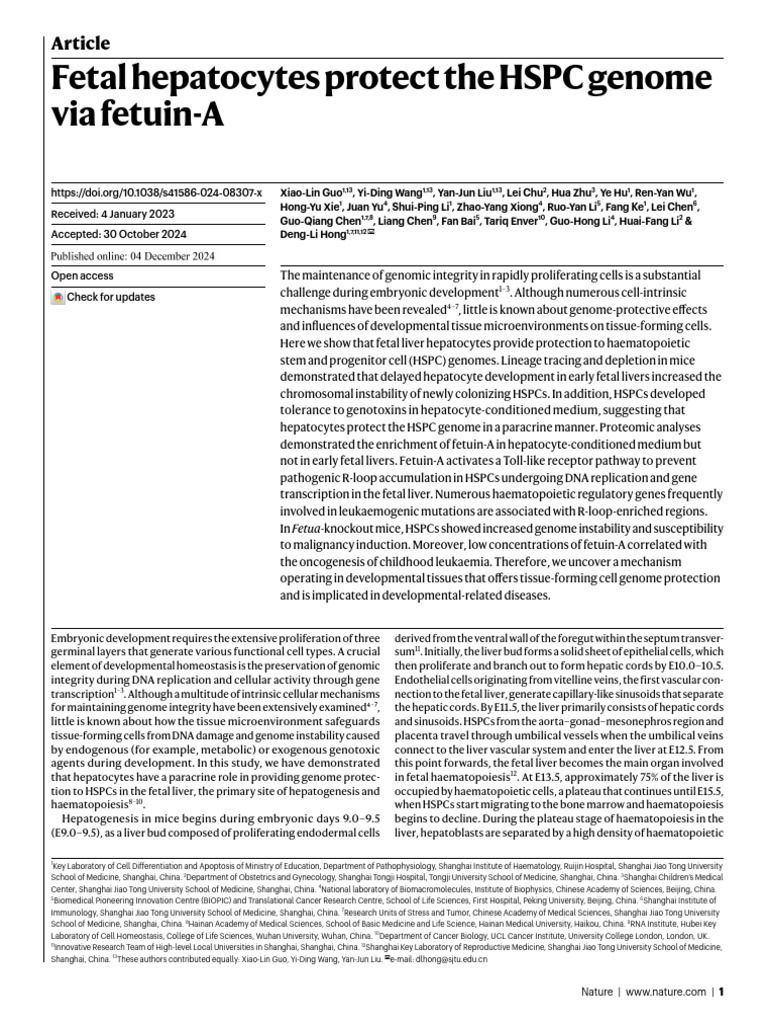 Fetal Hepatocytes Protect The HSPC Genome Via Fetuin-A: Article | PDF ...