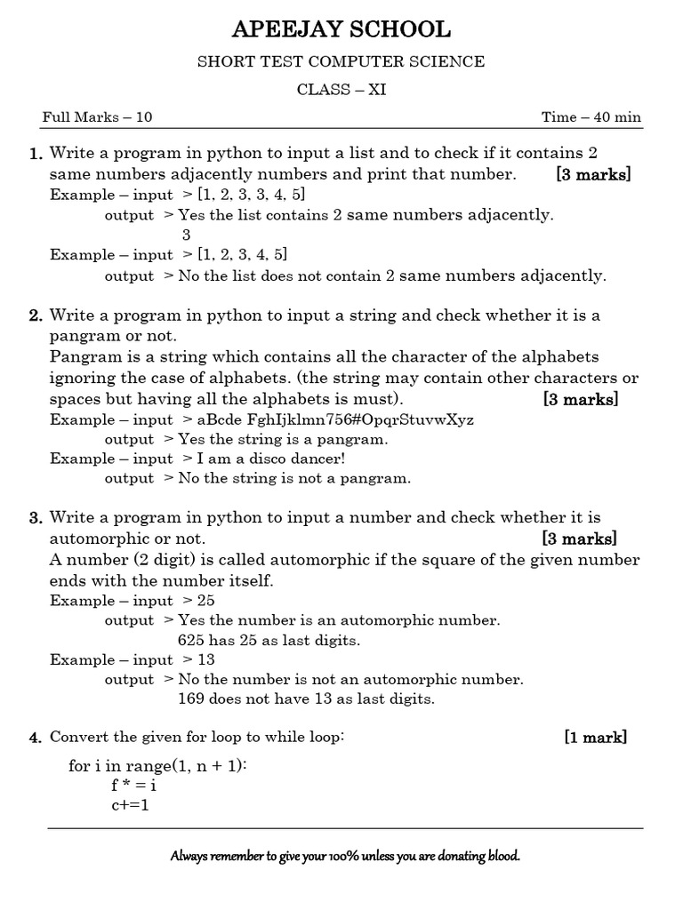 Class Xi Short Test Computer Science | PDF