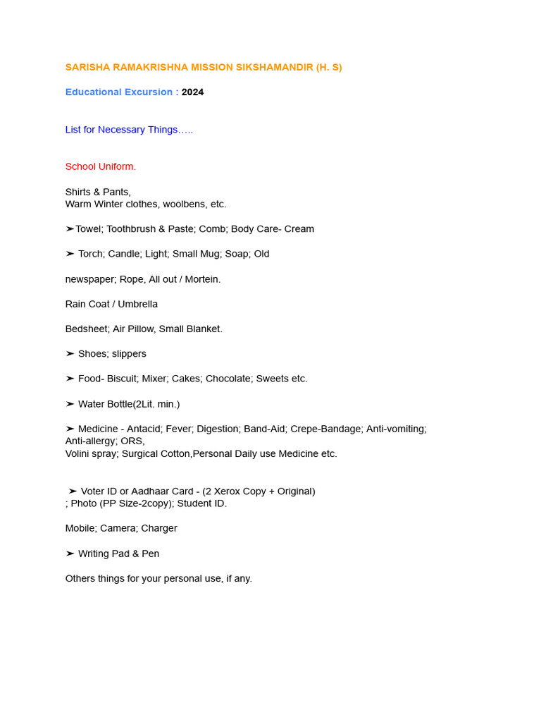 List For Necessary Things | PDF