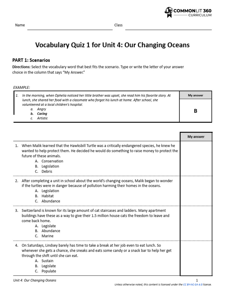 6G Unit 4 Vocabulary Quiz 1 STUDENT COPY Ed2.0 | PDF | Creative Commons ...