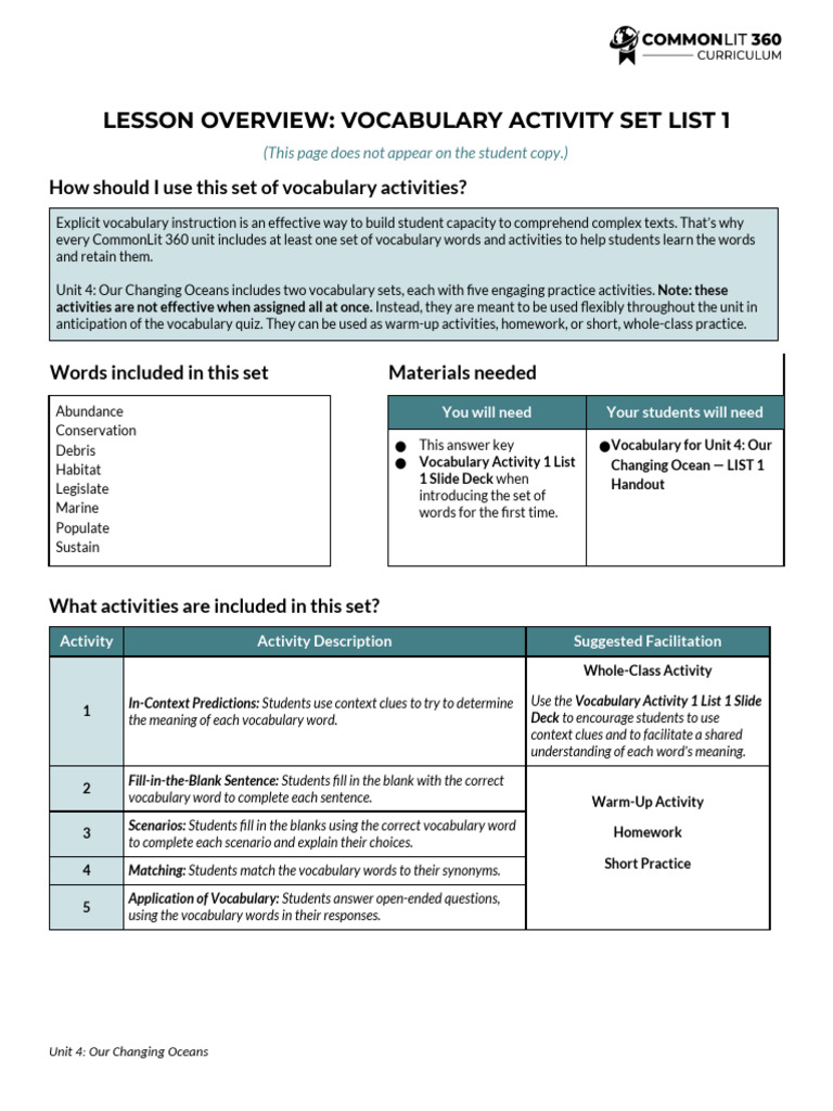 6G Unit 4 Vocabulary Activity Set List 1 TEACHER ANSWER KEY Ed2.0 | PDF ...