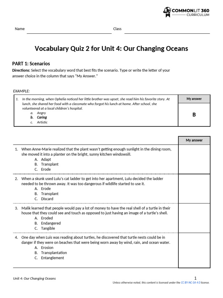 6G Unit 4 Vocabulary Quiz 2 STUDENT COPY Ed1.0 | PDF
