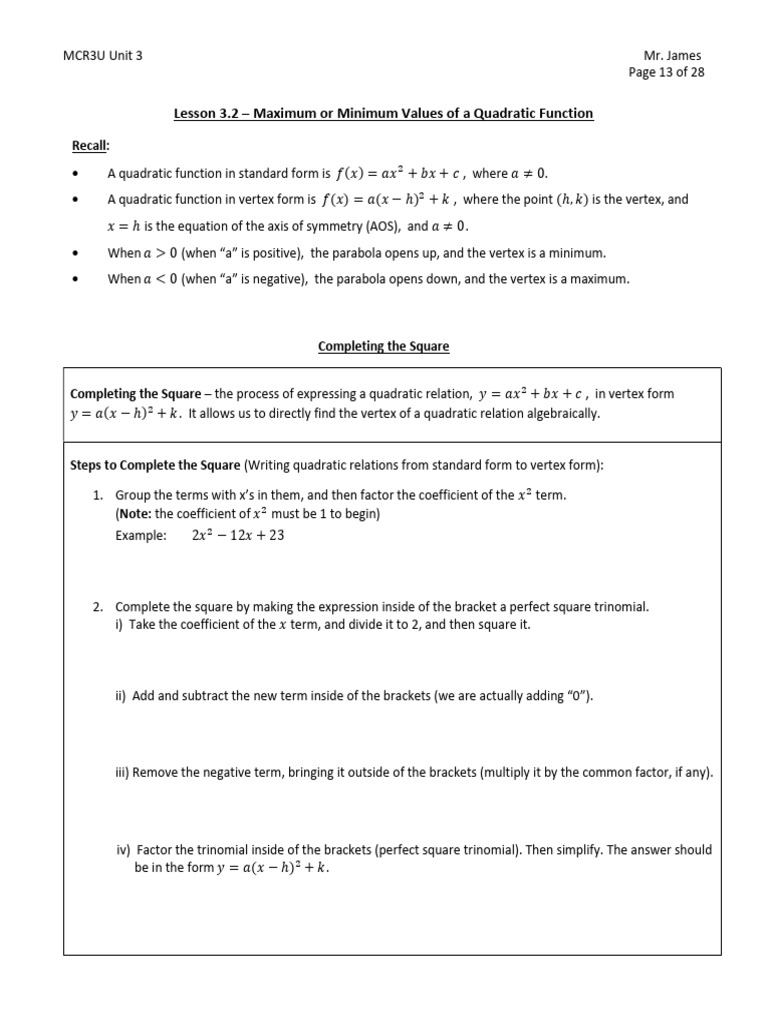 Day 3-Lesson 3.2 (Maximum or Minimum Values of A Quadratic Function) | PDF | Algebra | Analytic ...