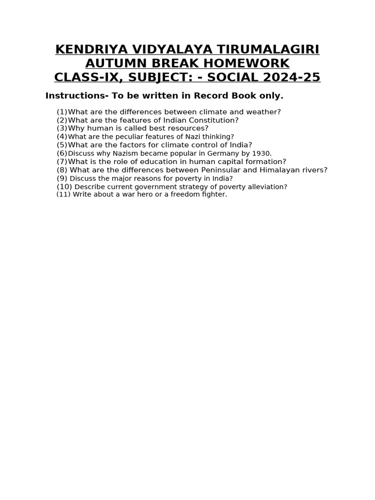 Autumn Vacation Homework Class Ix 2022-23 | PDF