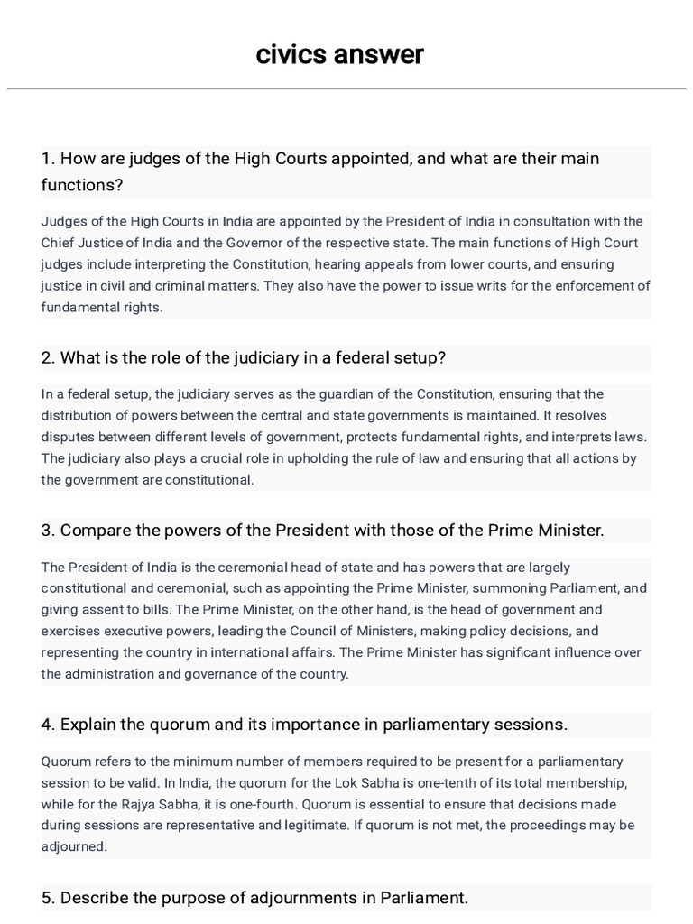 Civics Answer | PDF | Government Of India | Separation Of Powers