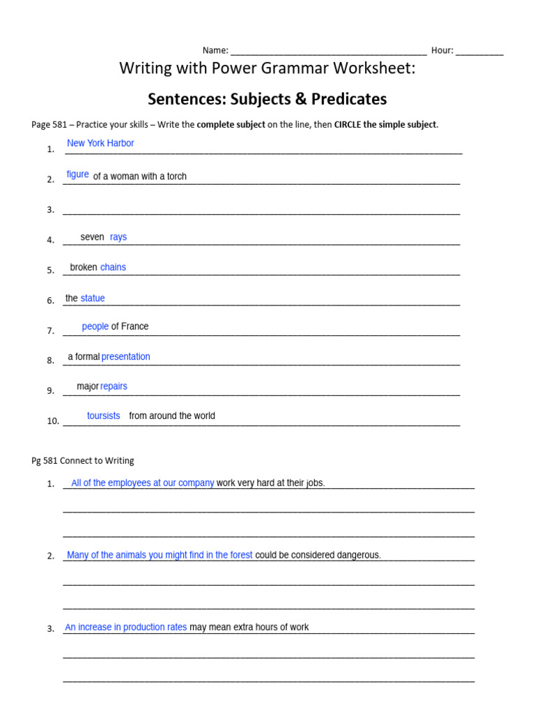 16.2 WWP Grammar Worksheet Sentences Subjects Predicates Fillable | PDF ...