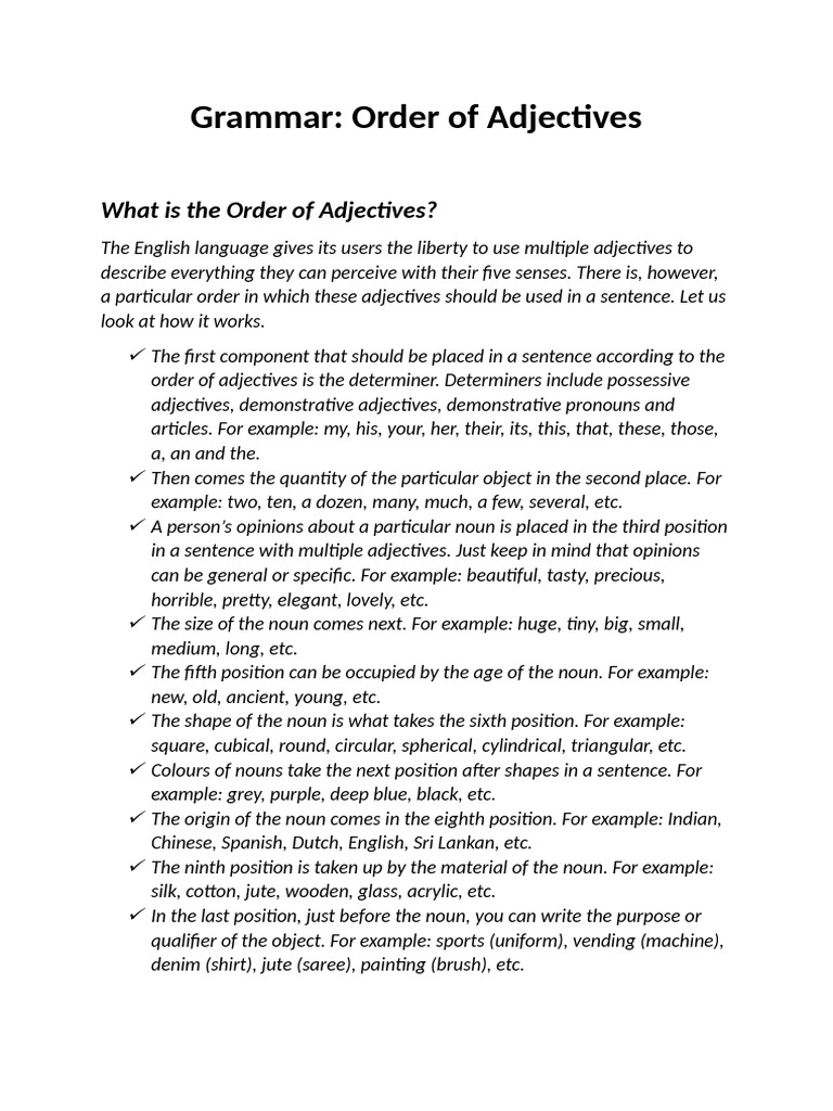Grammar - Order of Adjectives | PDF | Adjective | Noun
