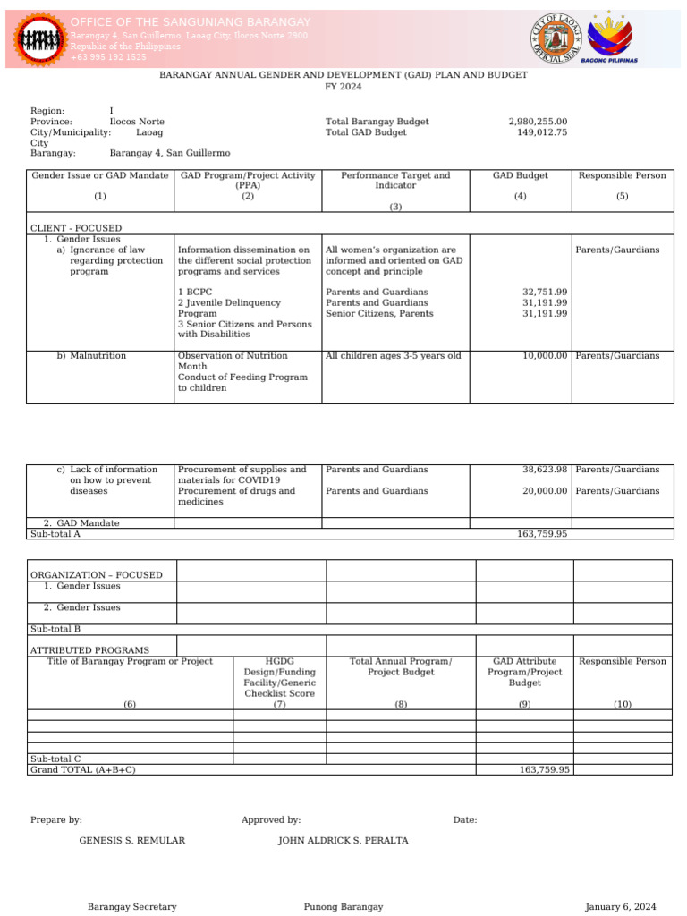 Barangay 4 GAD Plan and Budget 2024 | PDF
